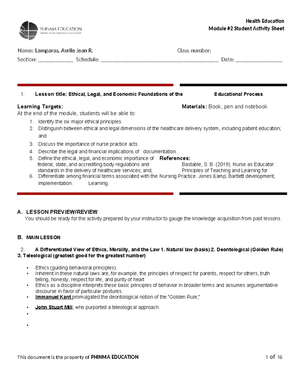 HE SAS 2 - Notes - Module #2 Student Activity Sheet Name: Lamparas ...