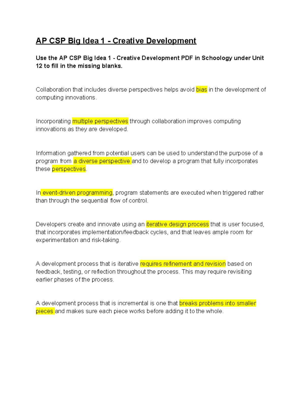 AP CSP Big Idea 1 - Fill in the blanks from a video. - AP CSP Big Idea ...