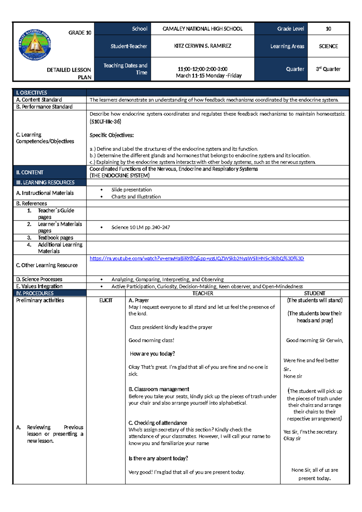 Final Endocrine - academic purposes - GRADE 10 DETAILED LESSON PLAN School CAMALEY NATIONAL HIGH ...