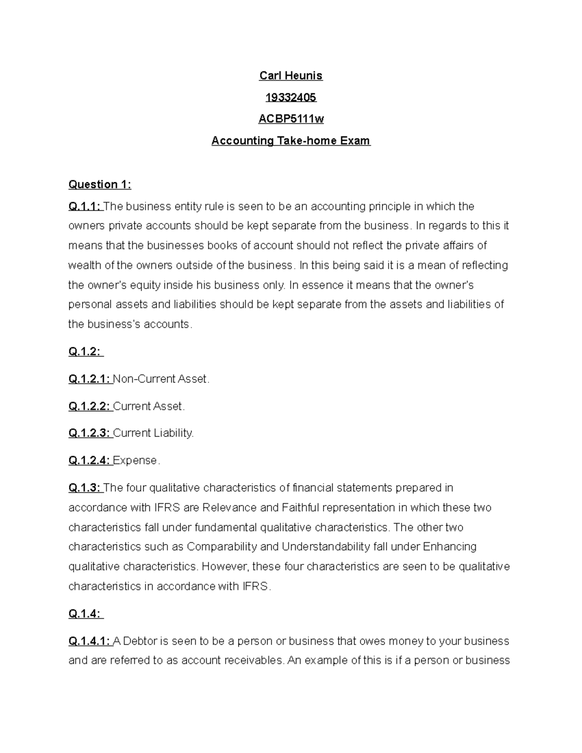 Accounting 1A take-home exam - Carl Heunis 19332405 ACBP5111w ...