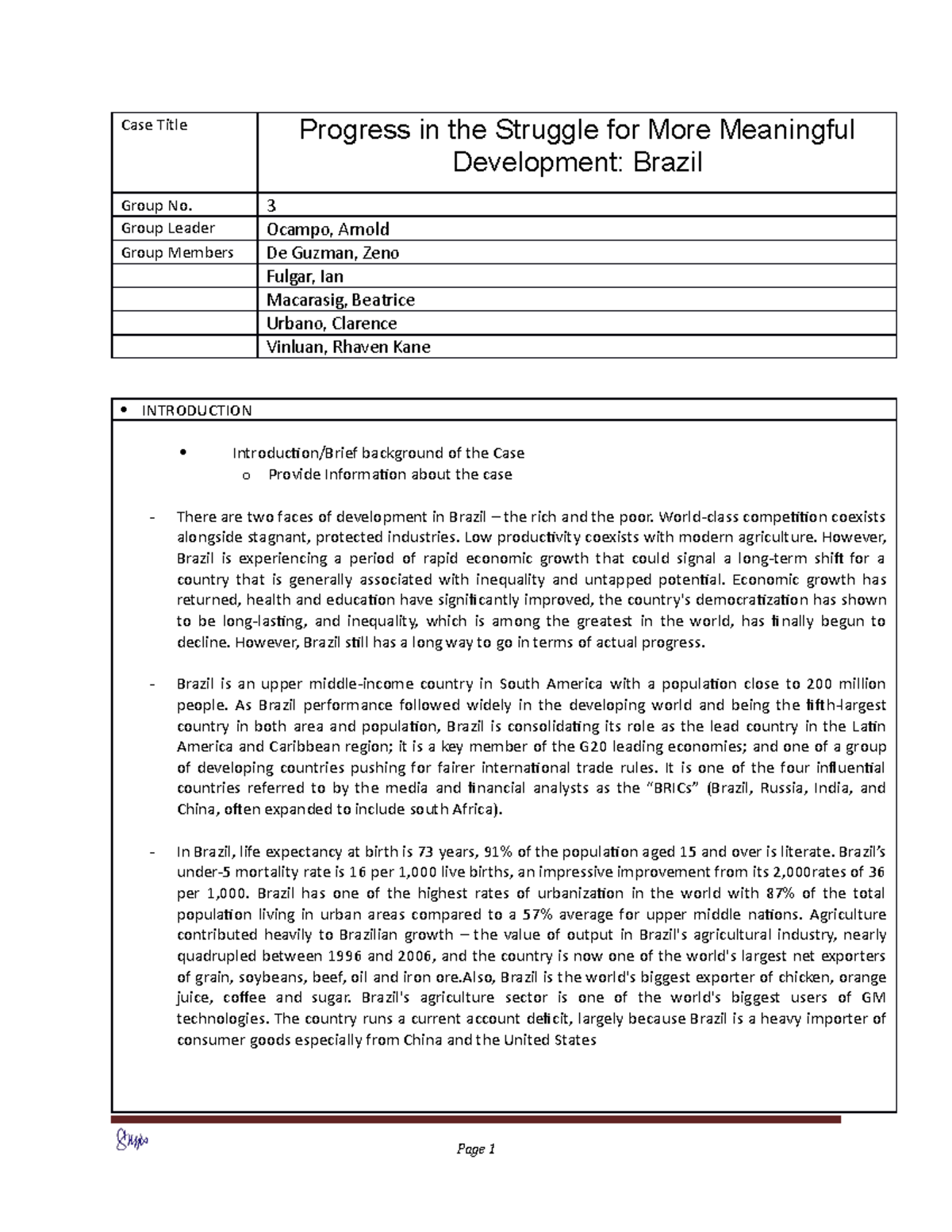 Case Study Brazil Group 3-1 progress - Case Title Progress in the ...