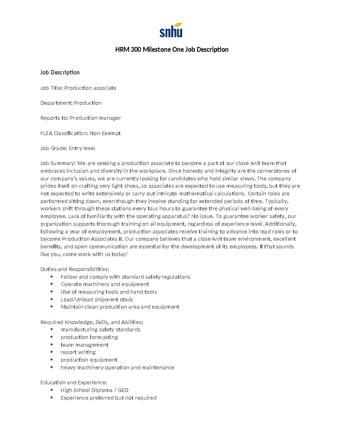 HRM 300 Milestone One Job Description - HRM 300 Milestone One Job ...