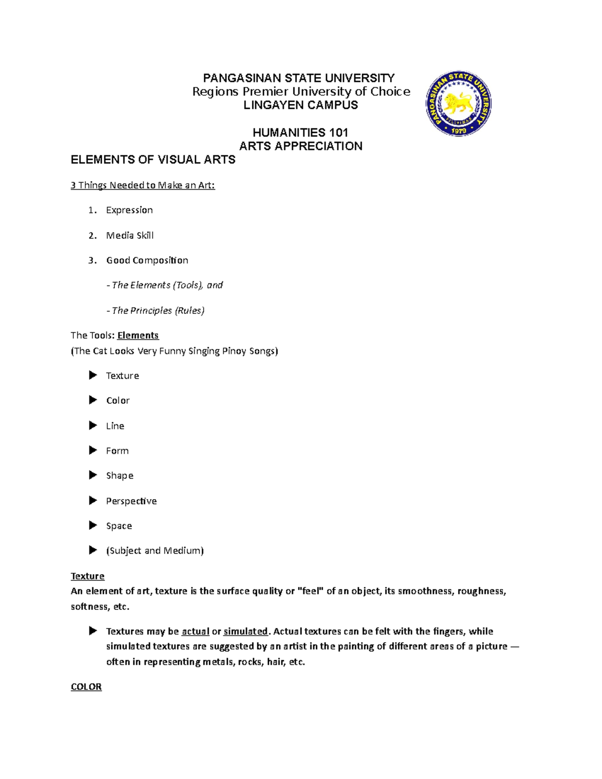 Elements OF Visual ARTS - Art Appreciation - PangSU - Studocu