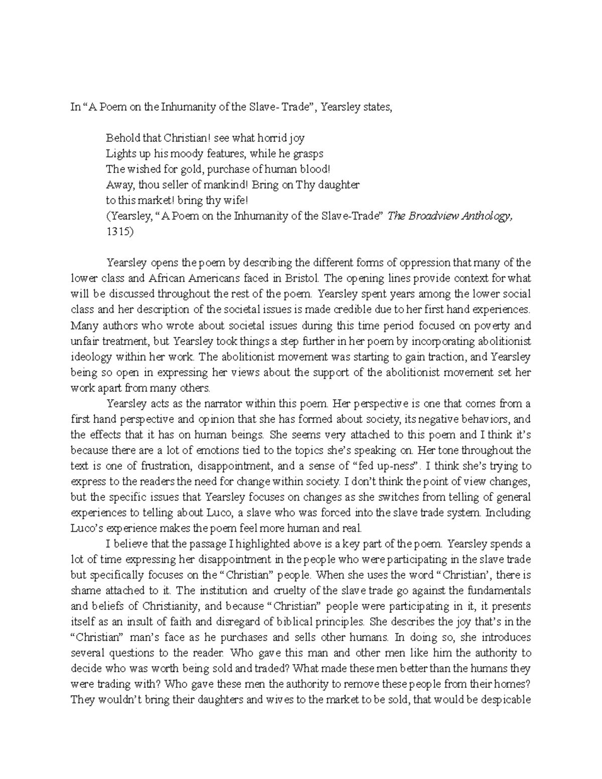 Close Reading (Ann Yearsley's "A Poem on the Inhumanity of the Slave ...