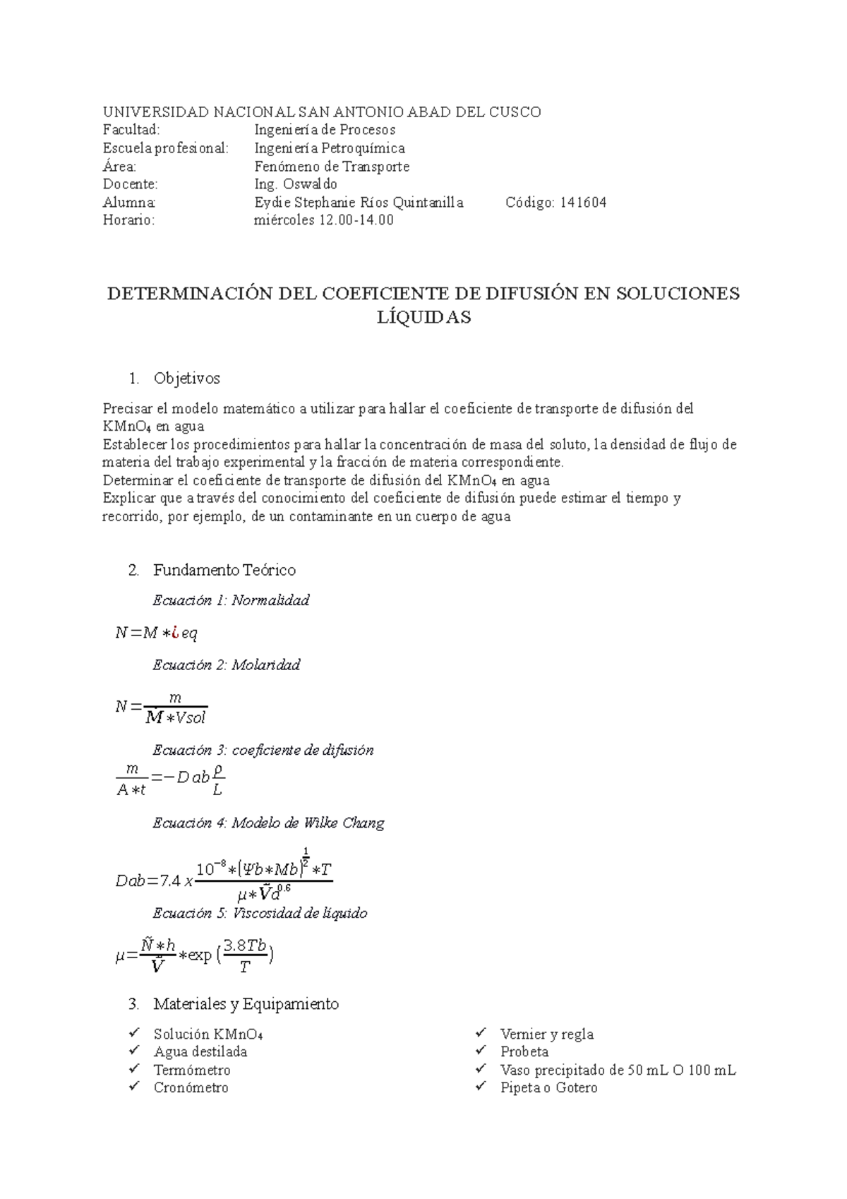 Lab. 03 Determinación del coeficiente de difusion en soluciones liquidas - UNIVERSIDAD NACIONAL ...