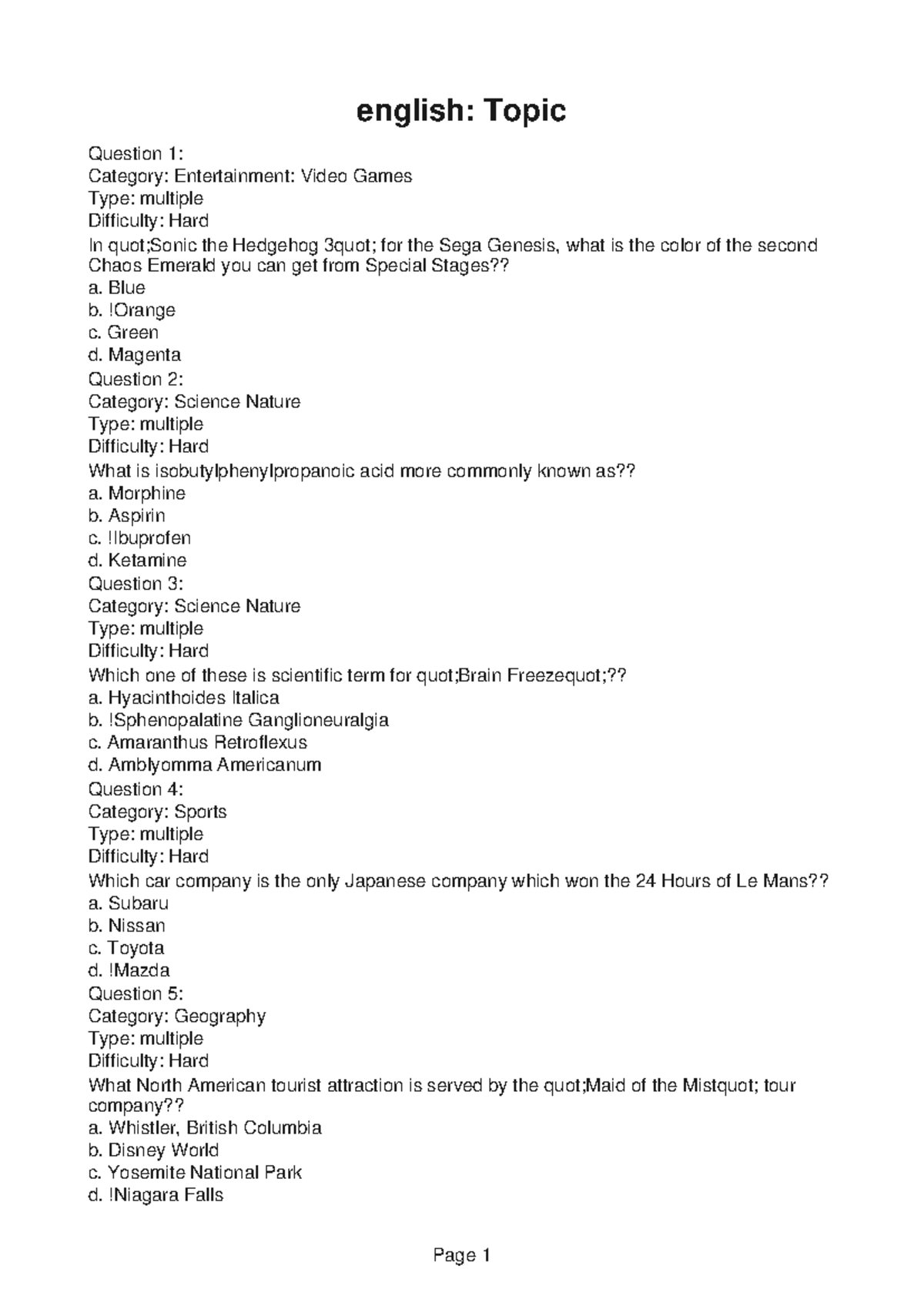 English Test 5 - english: Topic Question 1: Category: Entertainment ...