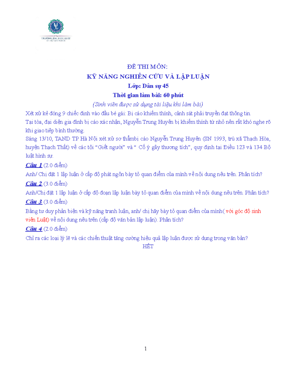 Đề thi DS45 - hádsadjasoidjosaidoiasduasada - ĐỀ THI MÔN: KỸ NĂNG NGHIÊN CỨU VÀ LẬP LUẬN Lớp ...