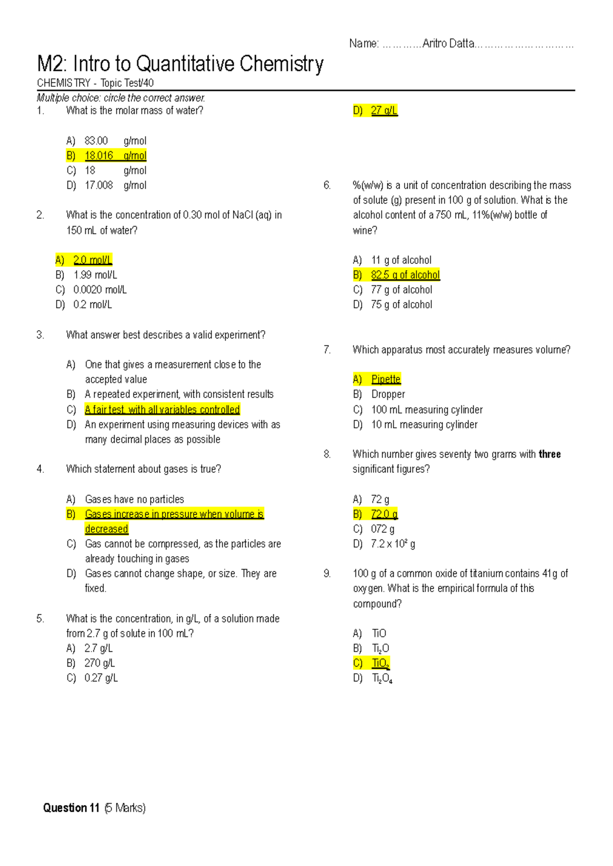 Module 2 Topic test - A chem mod 2 test - M2: Intro to Quantitative ...
