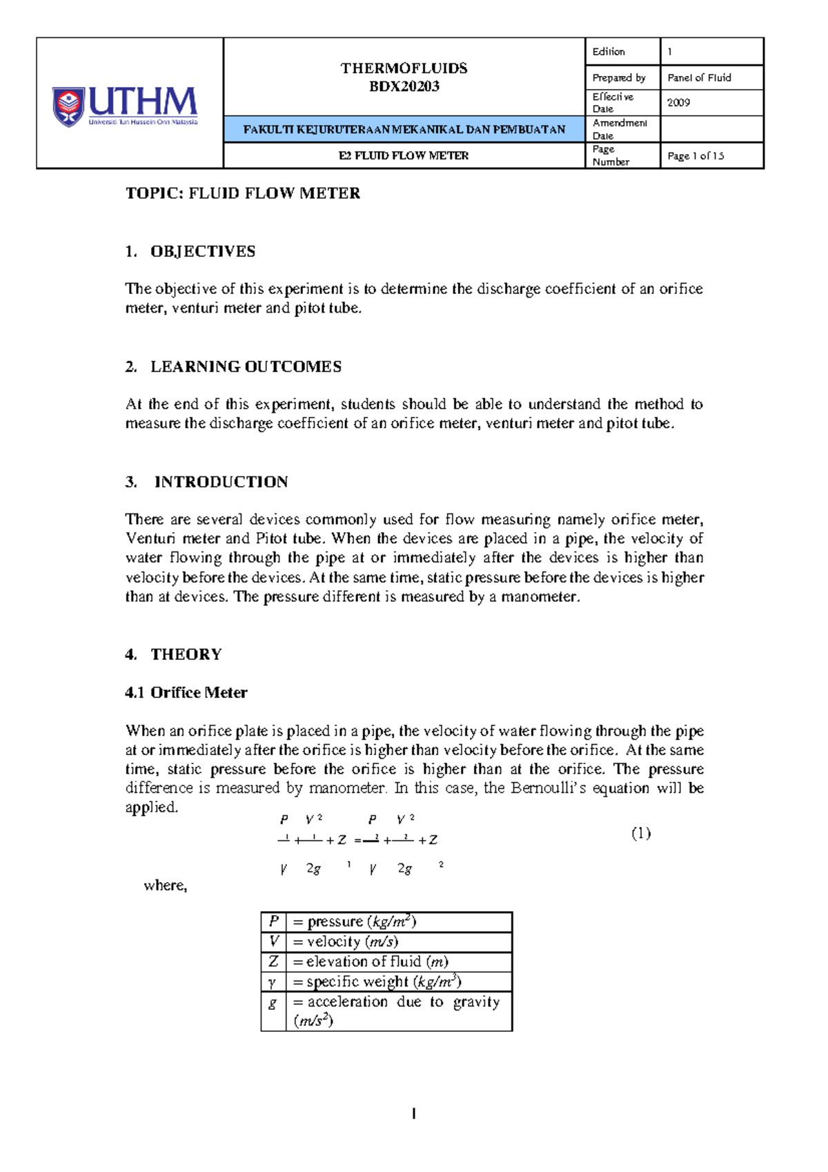 E2 Fluid FLOW Meter - THERMOFLUIDS BDX Prepared by Panel of Fluid ...