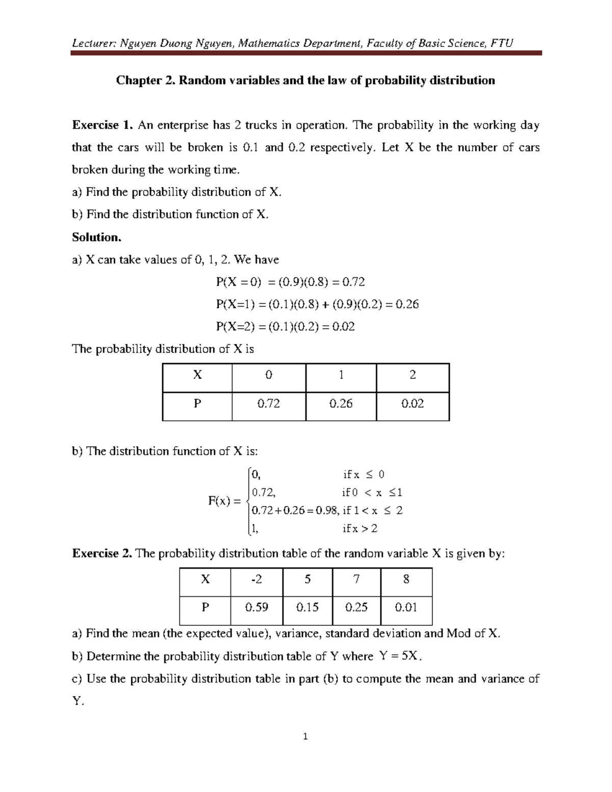 Solution of Exercises Chapter 2 Xstke - Chapter 2. Random variables and the law of probability ...