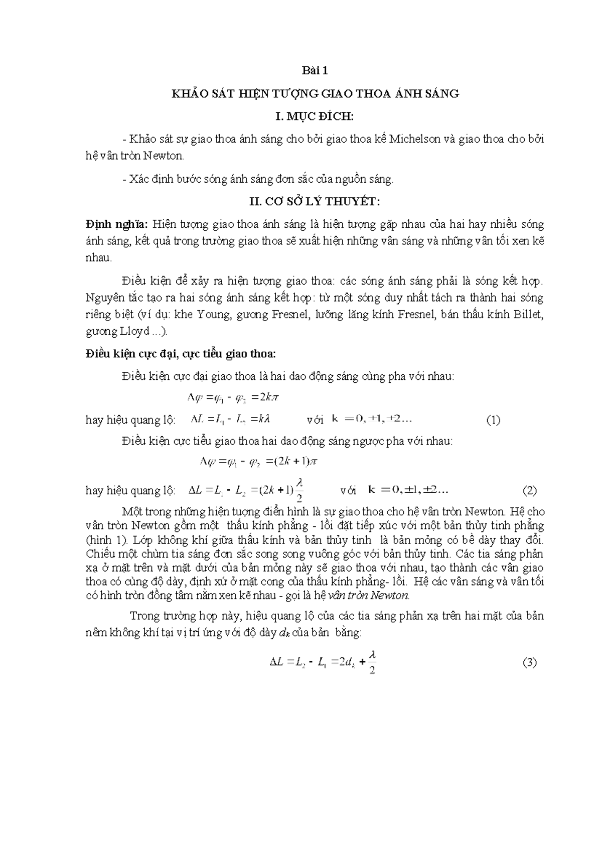 Cac bai TNVL 3 - các bài thí nghiệm - Bài 1 KHẢO SÁT HIỆN TƯỢNG GIAO THOA ÁNH SÁNG I. MỤC ĐÍCH ...