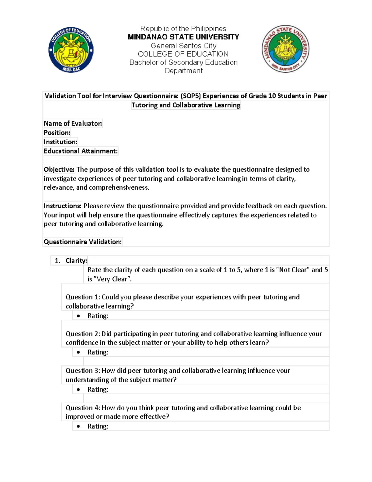 Validation Tool for Interview Questionnaire - Republic of the ...