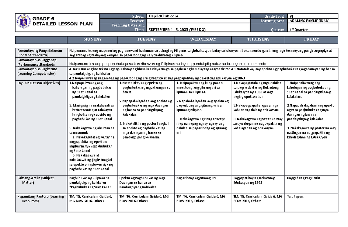 DLP Araling Panlipunan 6 Q1 W2 - GRADE 6 DETAILED LESSON PLAN School: DepEdClub Grade Level: VI ...