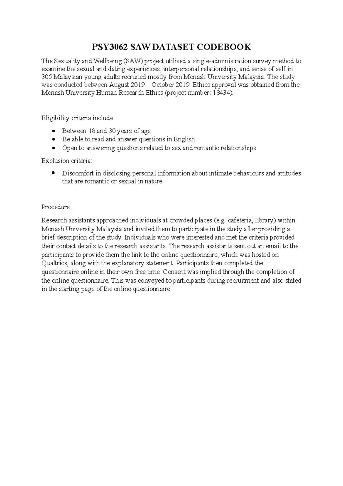 PSY3062 SAW Dataset Codebook - PSY3062 SAW DATASET CODEBOOK The ...