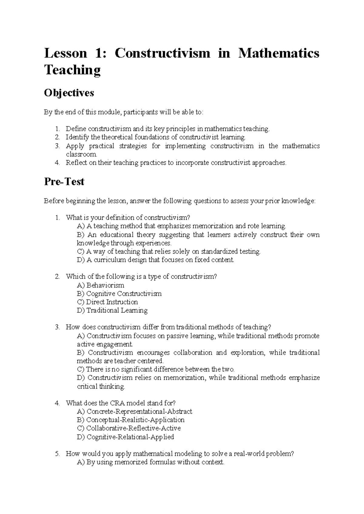 Module IN Teaching MATH - Lesson 1: Constructivism in Mathematics ...