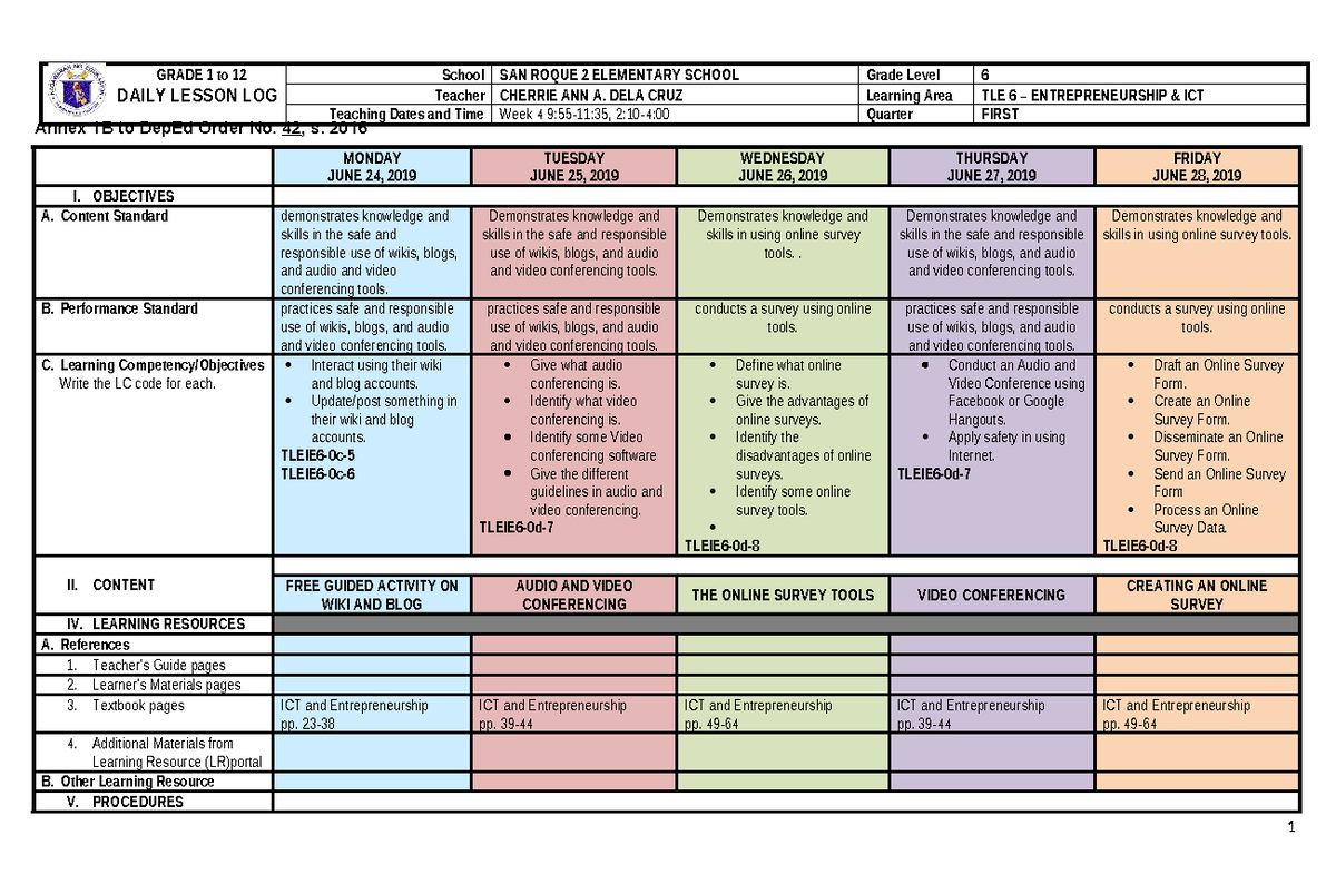 DLL TLE-ICT WEEK 4 - DAILY LESSON LOG IN TLE 6 - GRADE 1 to 12 DAILY ...