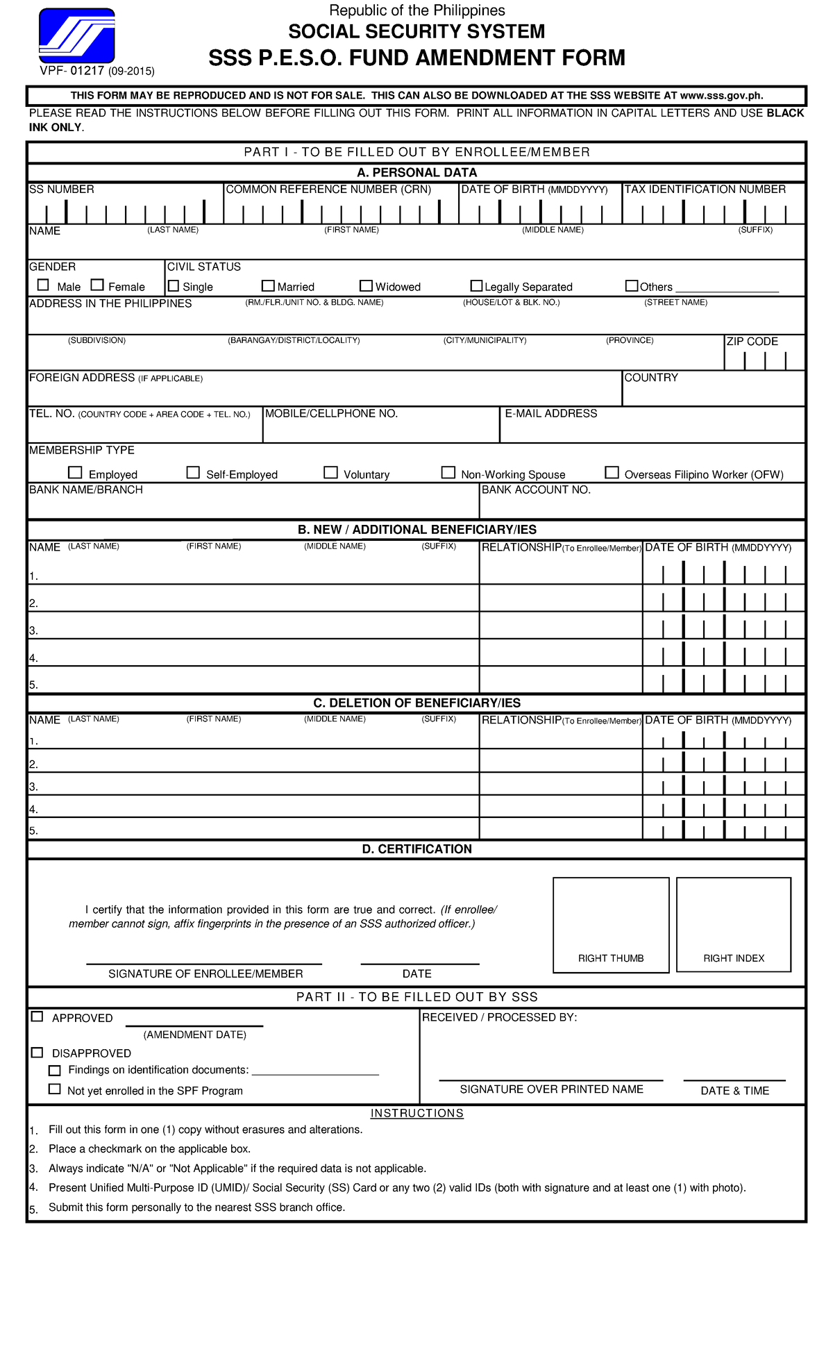 SPF Amendment FORM - SSS FORM - DATE OF BIRTH (MMDDYYYY) NAME (LAST ...