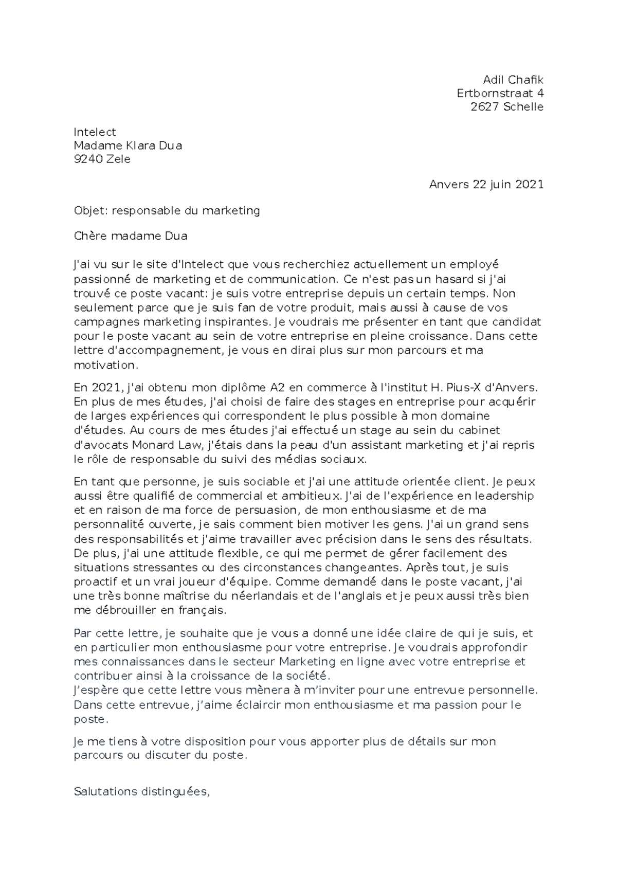 Motivatiebrief frans examen - Adil Chafik Ertbornstraat 4 2627 Schelle ...
