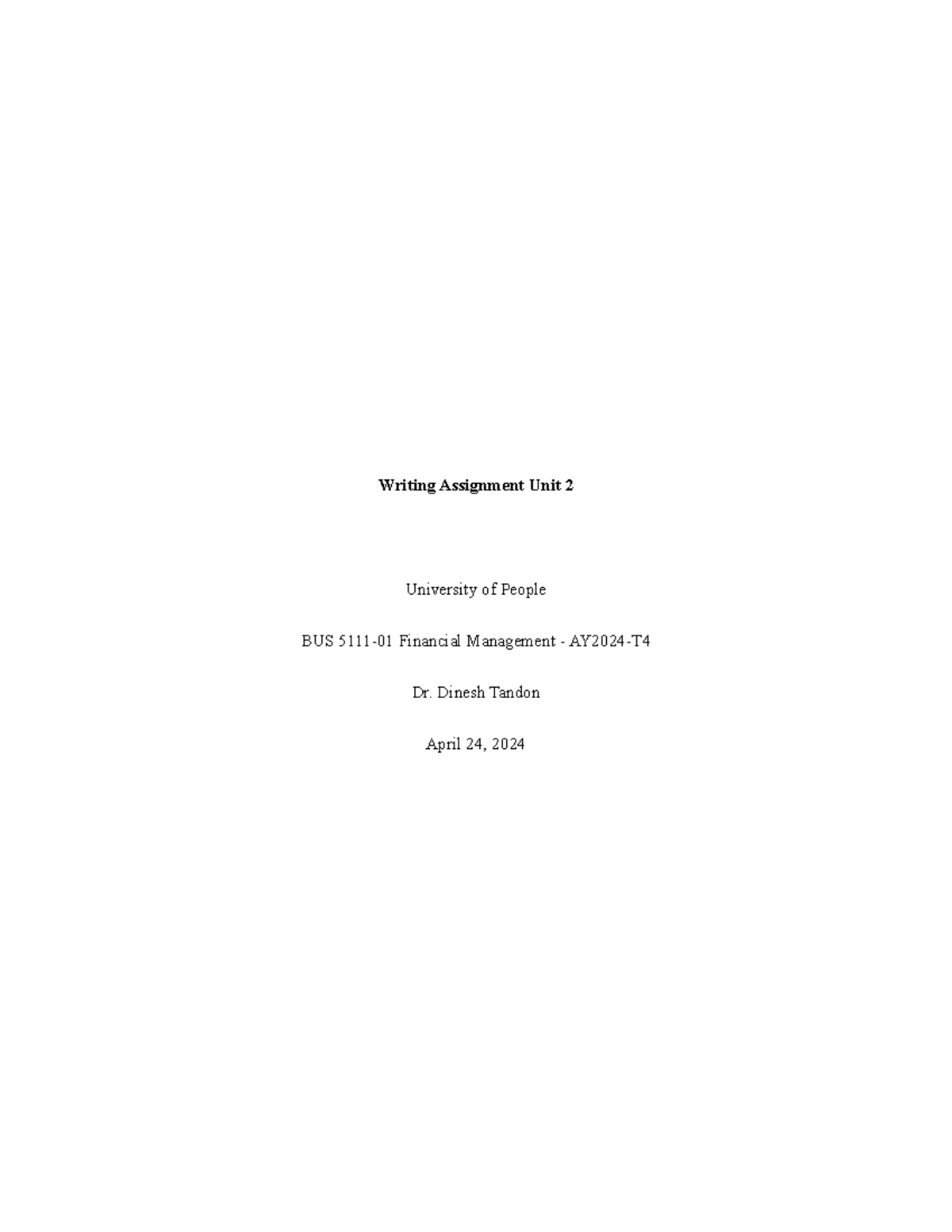 Financial Management - Unit 2 - Written Assignment - Writing Assignment ...
