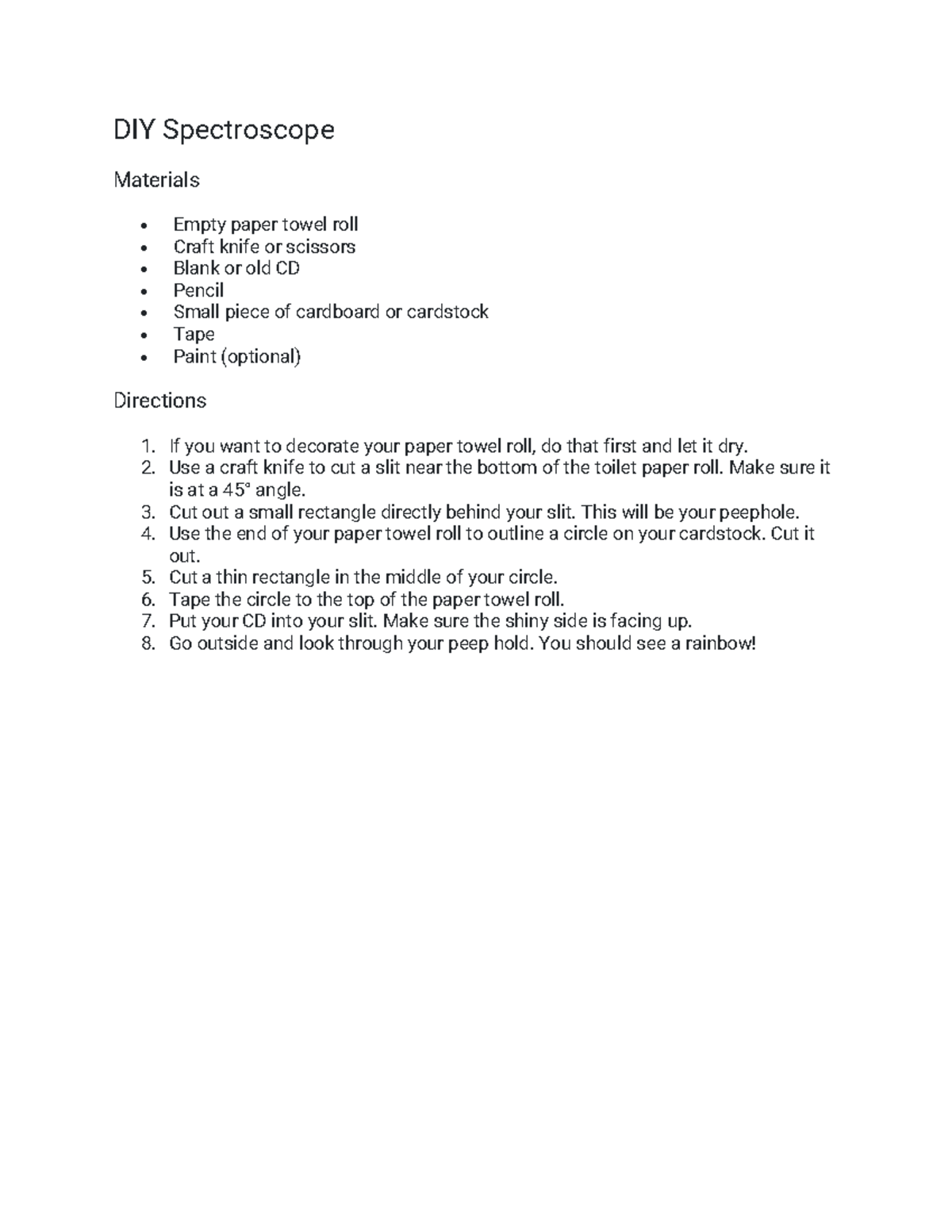 DIY Spectroscope - DIY Spectroscope Materials • Empty paper towel roll ...