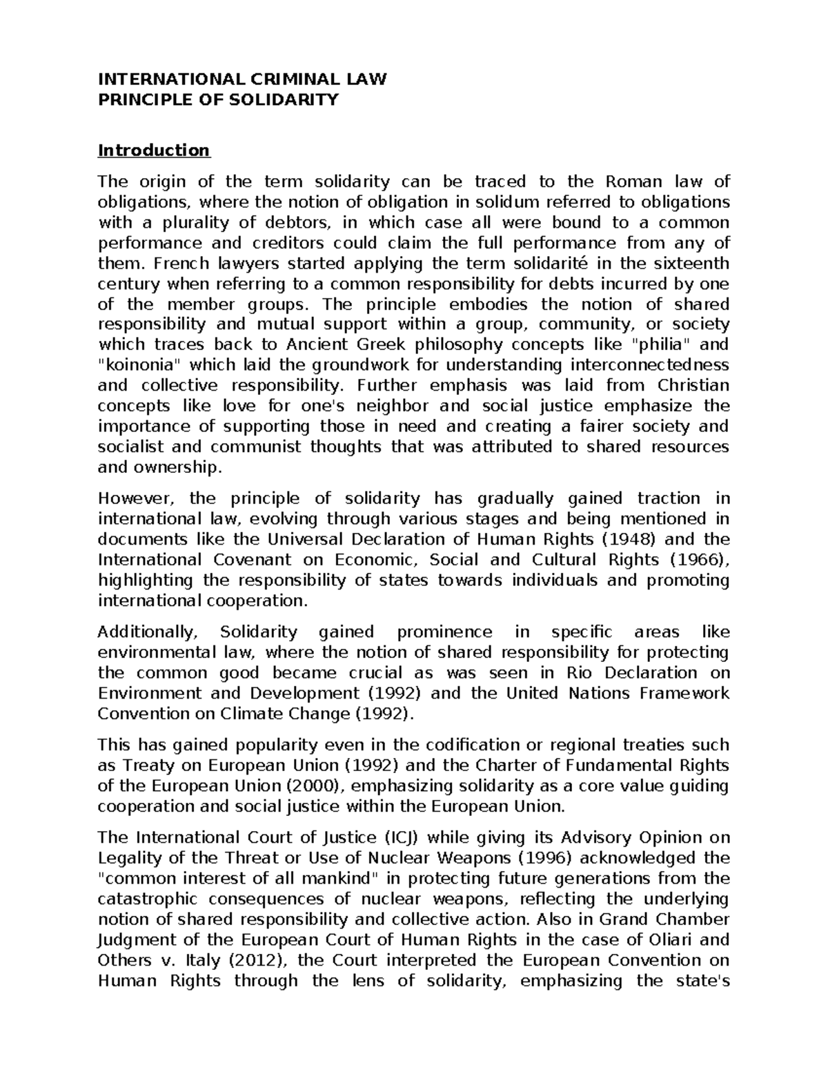 Principle of Solidarity - INTERNATIONAL CRIMINAL LAW PRINCIPLE OF ...