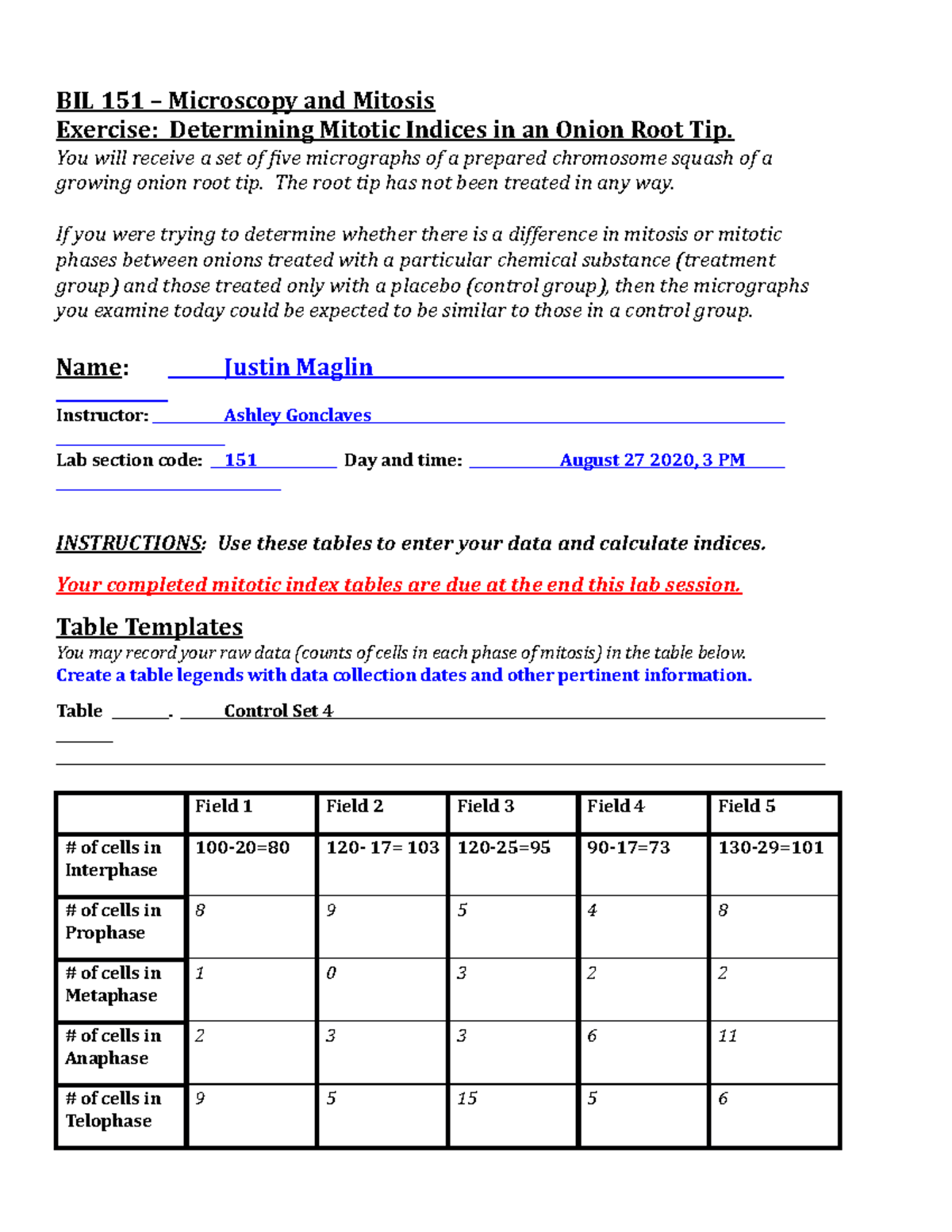 151F20 mitotic index Control - BIL 151 – Microscopy and Mitosis ...