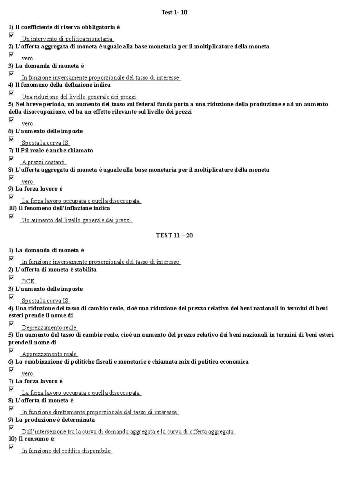 Esempio/prova d'esame, domande+risposte - Test 1- 10 Il coefficiente di ...