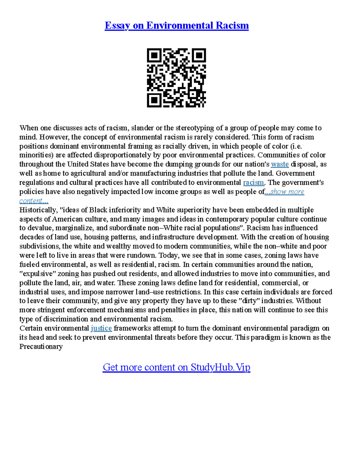 Racism Essay Conclusion - Essay on Environmental Racism When one ...