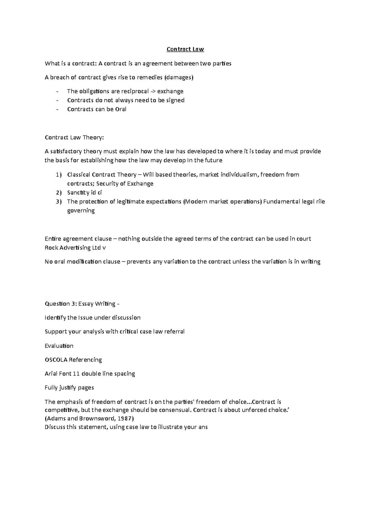 Semester 1 - Criminal Law II Notes - Contract Law What is a contract: A ...