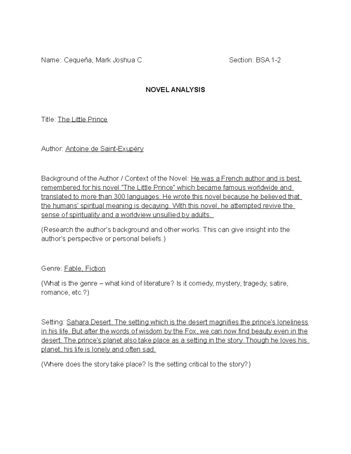 Novel Analysis - Introduction to Literature - Studocu