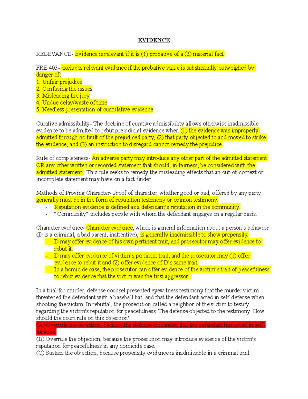 Evidence BAR Outline - EVIDENCE RELEVANCE- Evidence is relevant if it ...