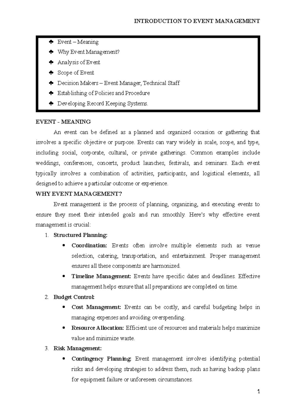 UNIT - I PEM - Principles of Event Management - Event – Meaning Why ...