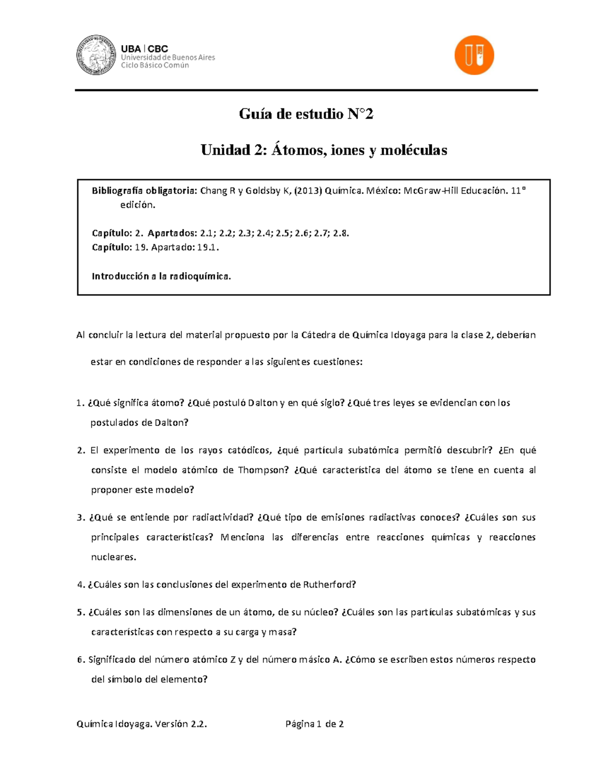 1. Guía de estudio Clase 2 version 2 - QuÌmica Idoyaga. VersiÛn 2. P·gina 1 de 2 Guía de estudio ...