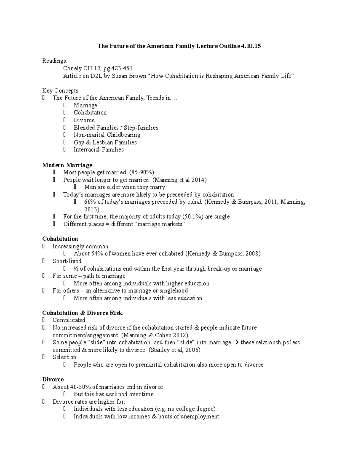 The Future of the American Family Lecture Outline 4 - 10 Readings ...