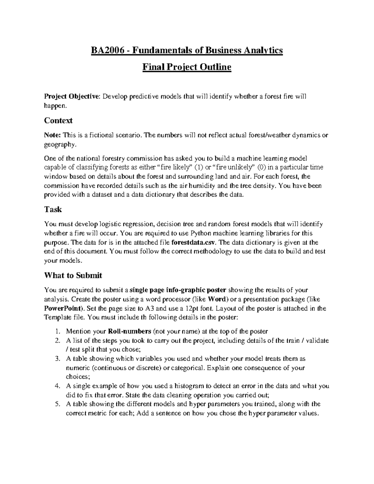 Project Outline BA - BA2006 - Fundamentals of Business Analytics Final ...