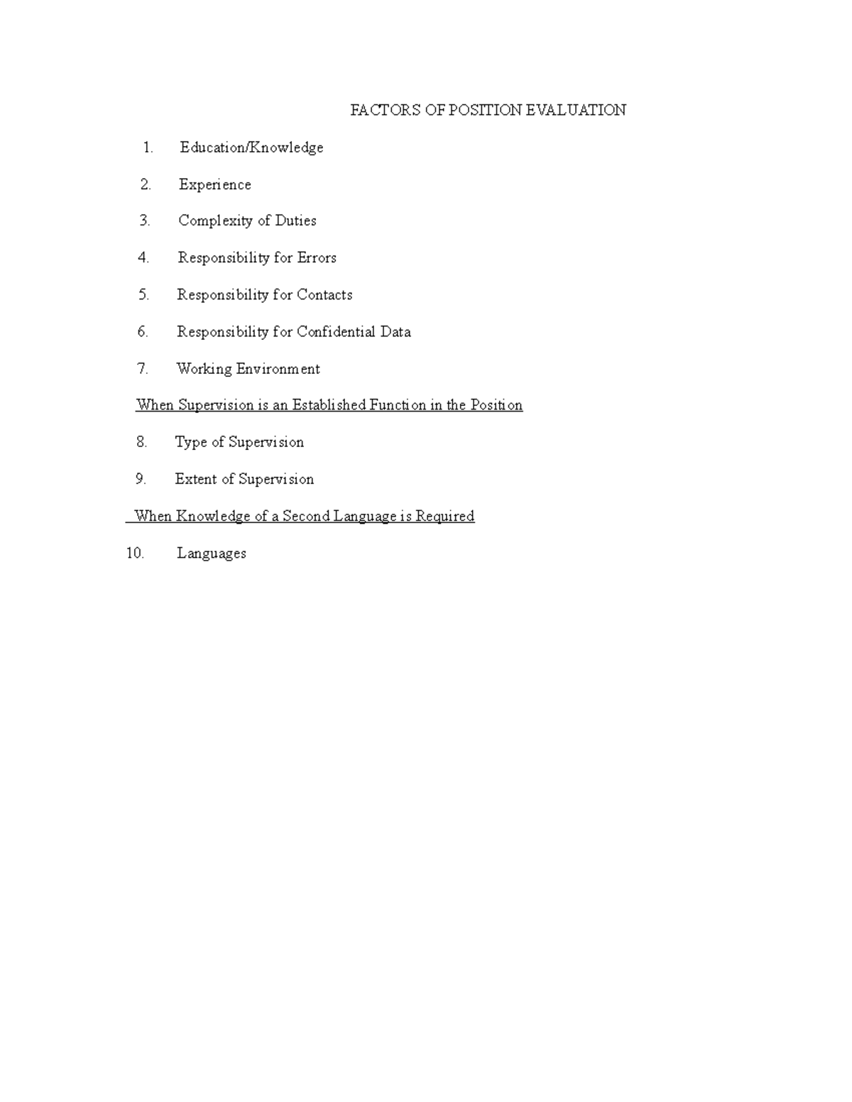 Compensable Factors Handout - FACTORS OF POSITION EVALUATION Education ...