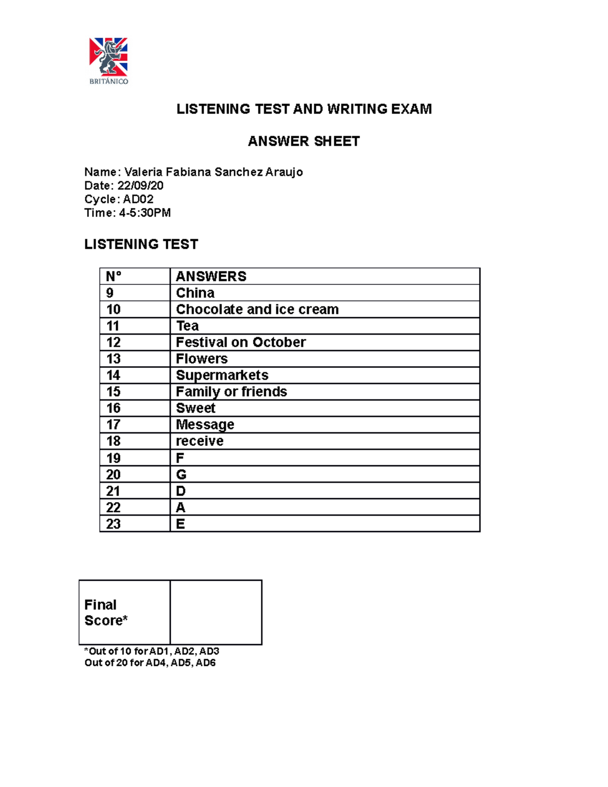 Listening TEST AND Writing EXAM - Answer Sheet - LISTENING TEST AND ...
