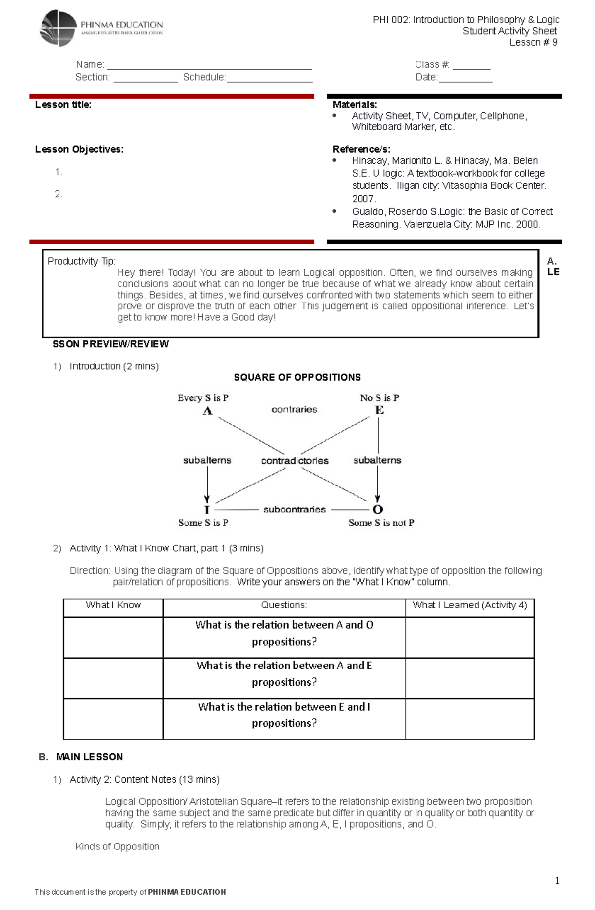 Lesson 9 Logic SAS - This will serve as guide to students who are ...