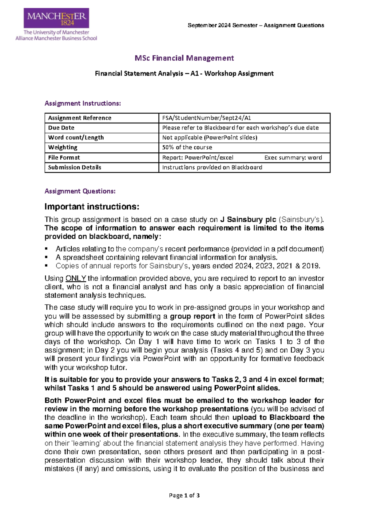 FSA Sep 24 A1 Brief - Financial Statement Analysis - 3rd Semester - Nov ...