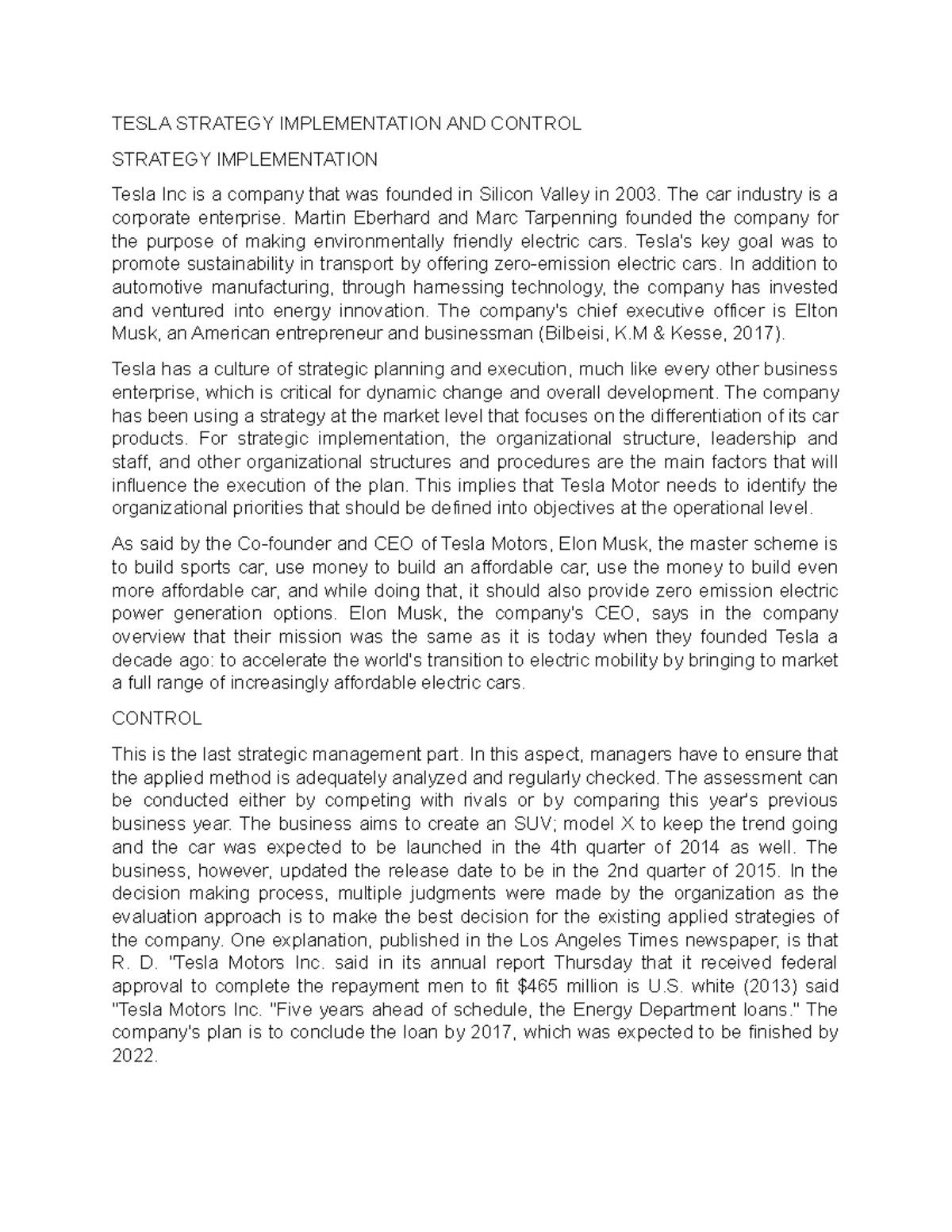 Tesla Strategy Implementation AND Control - TESLA STRATEGY ...