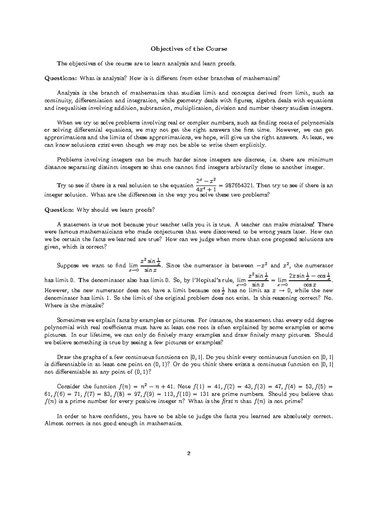 MATH 2033 Typed Notes by Prof Kin Yin LI - Objectives of the Course The ...