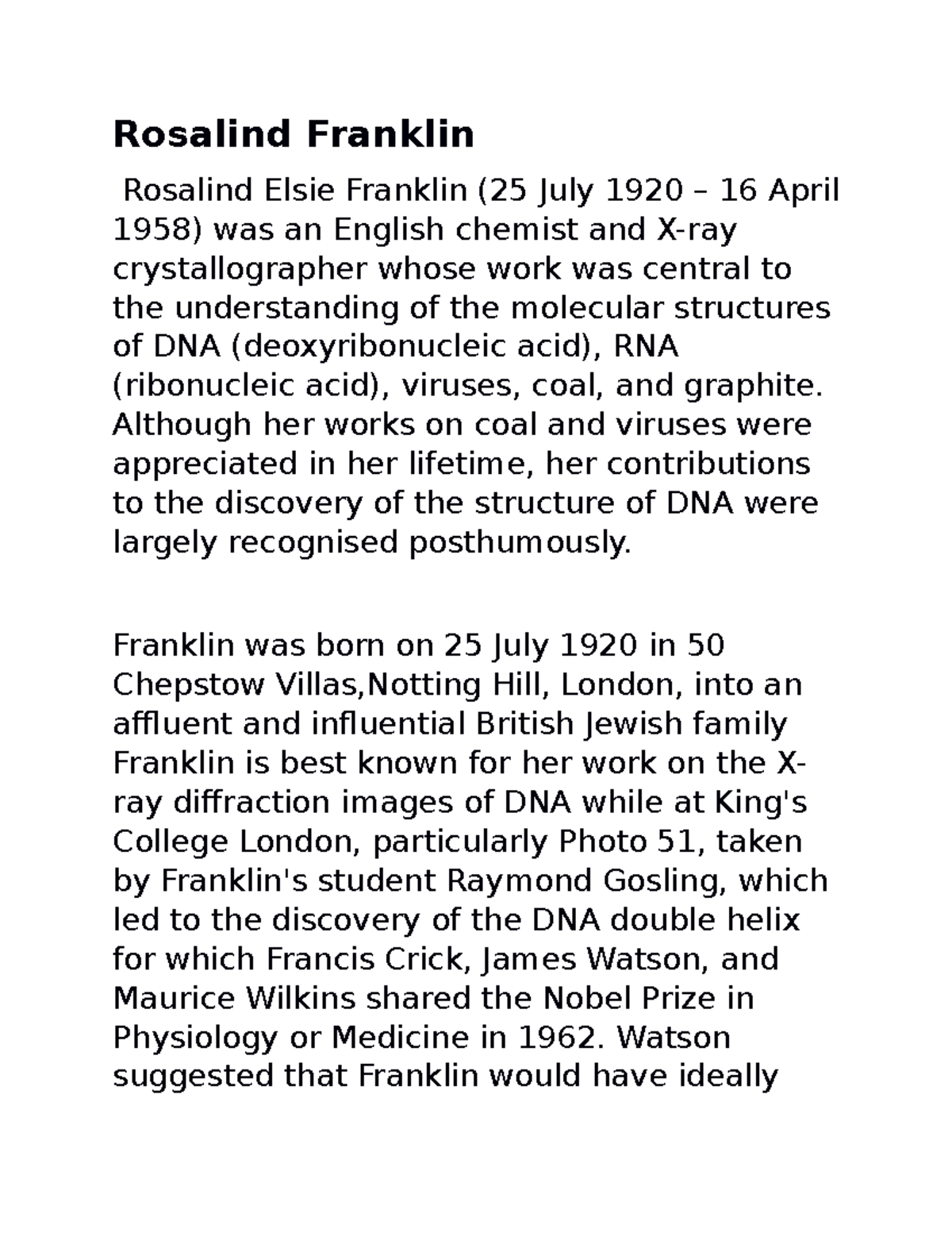 Franklin Documents for the Biography - Rosalind Franklin Rosalind Elsie ...