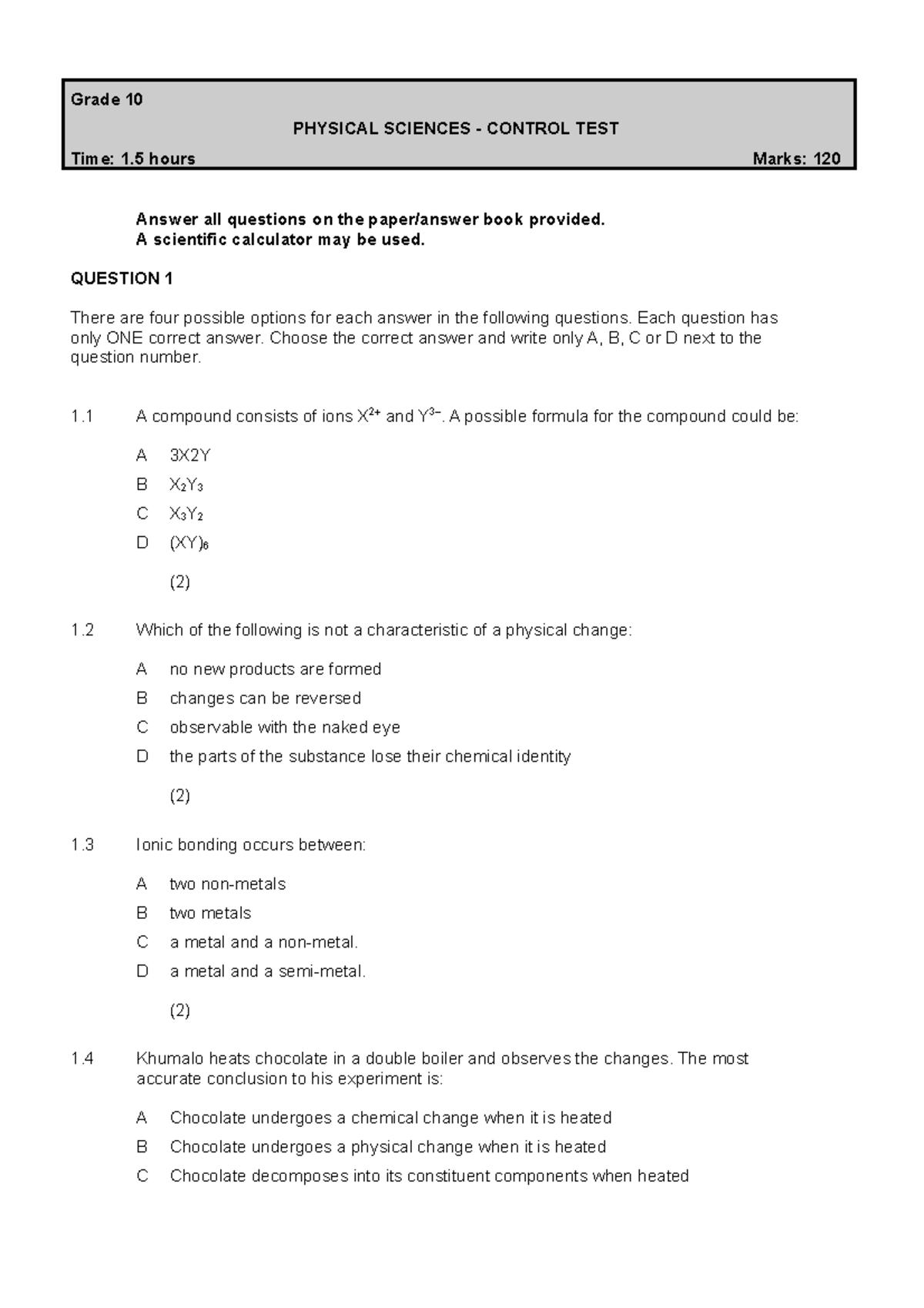 5 term 3 test questions 1 physical science prep materials - Grade 10 ...