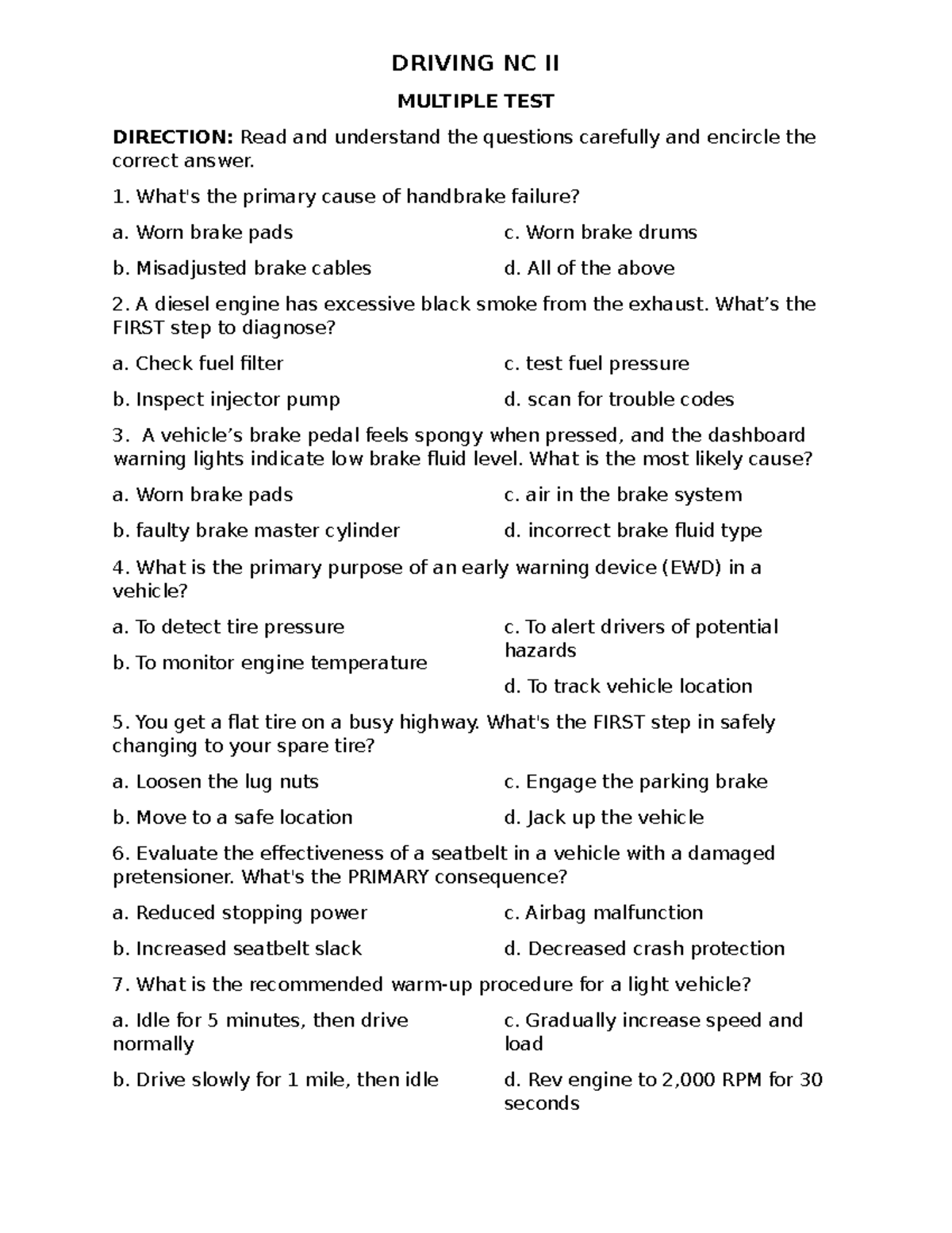 Written EXAM Driving NC II - DRIVING NC II MULTIPLE TEST DIRECTION ...