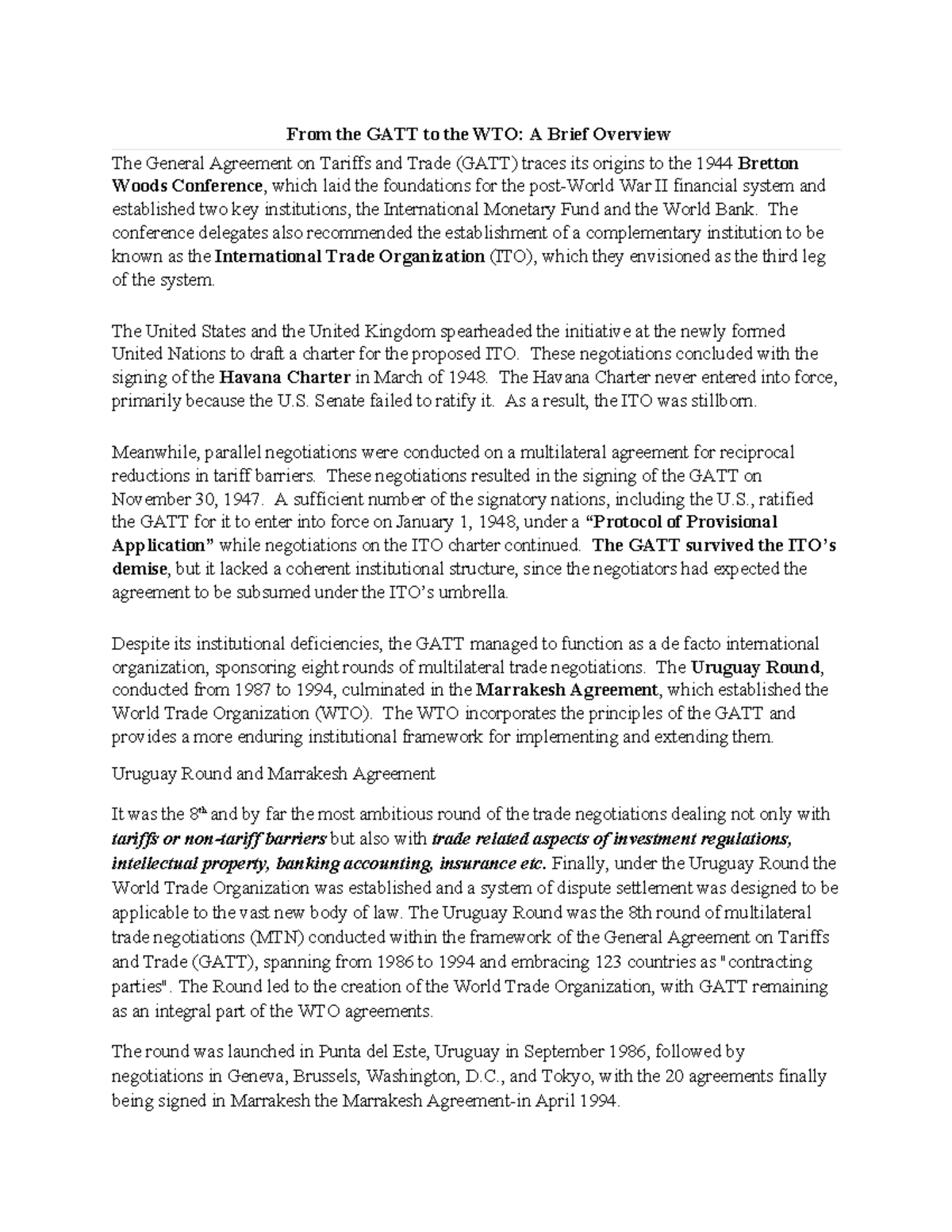 Overview of Gatt to WTO - From the GATT to the WTO: A Brief Overview ...