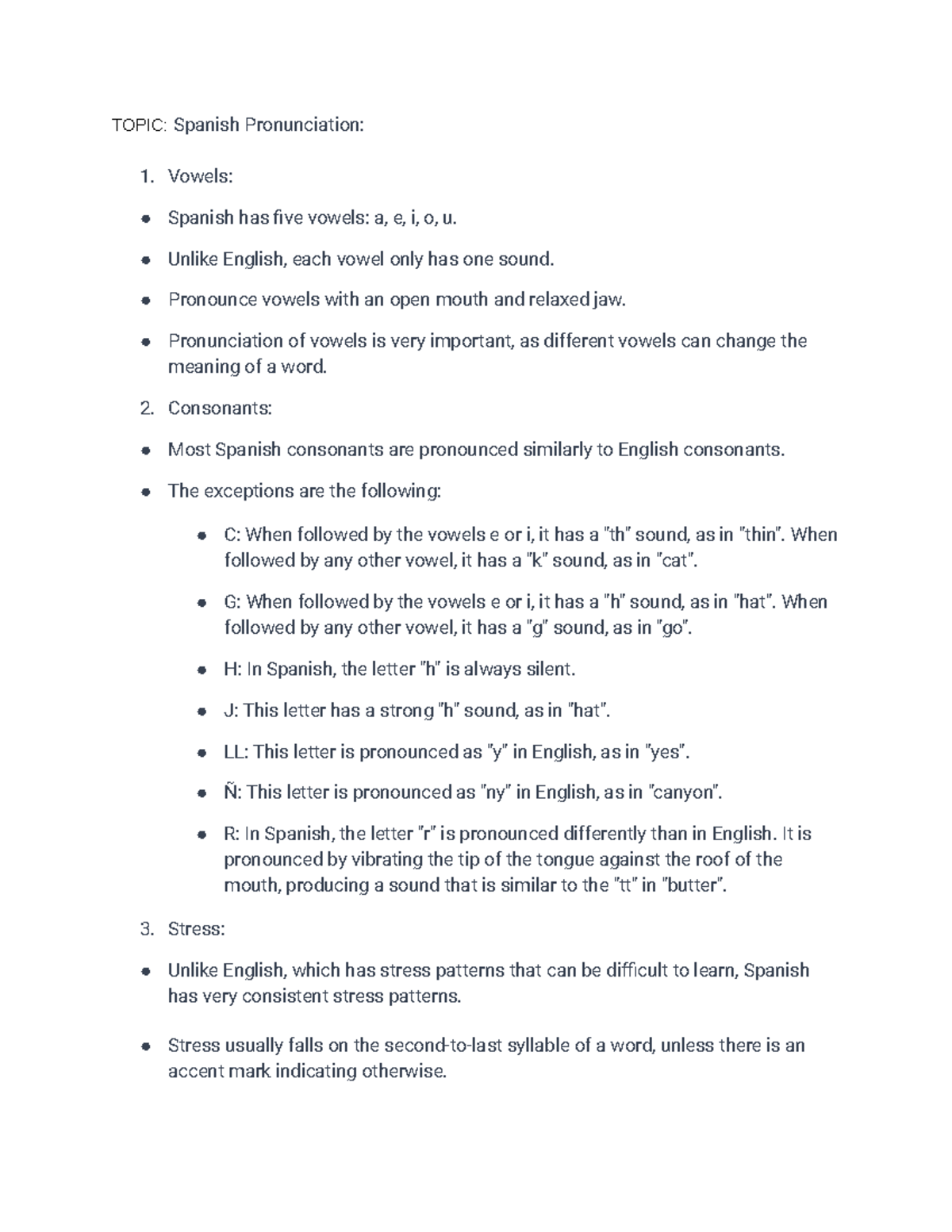 Week 1 lecture Study notes - TOPIC: Spanish Pronunciation: Vowels ...