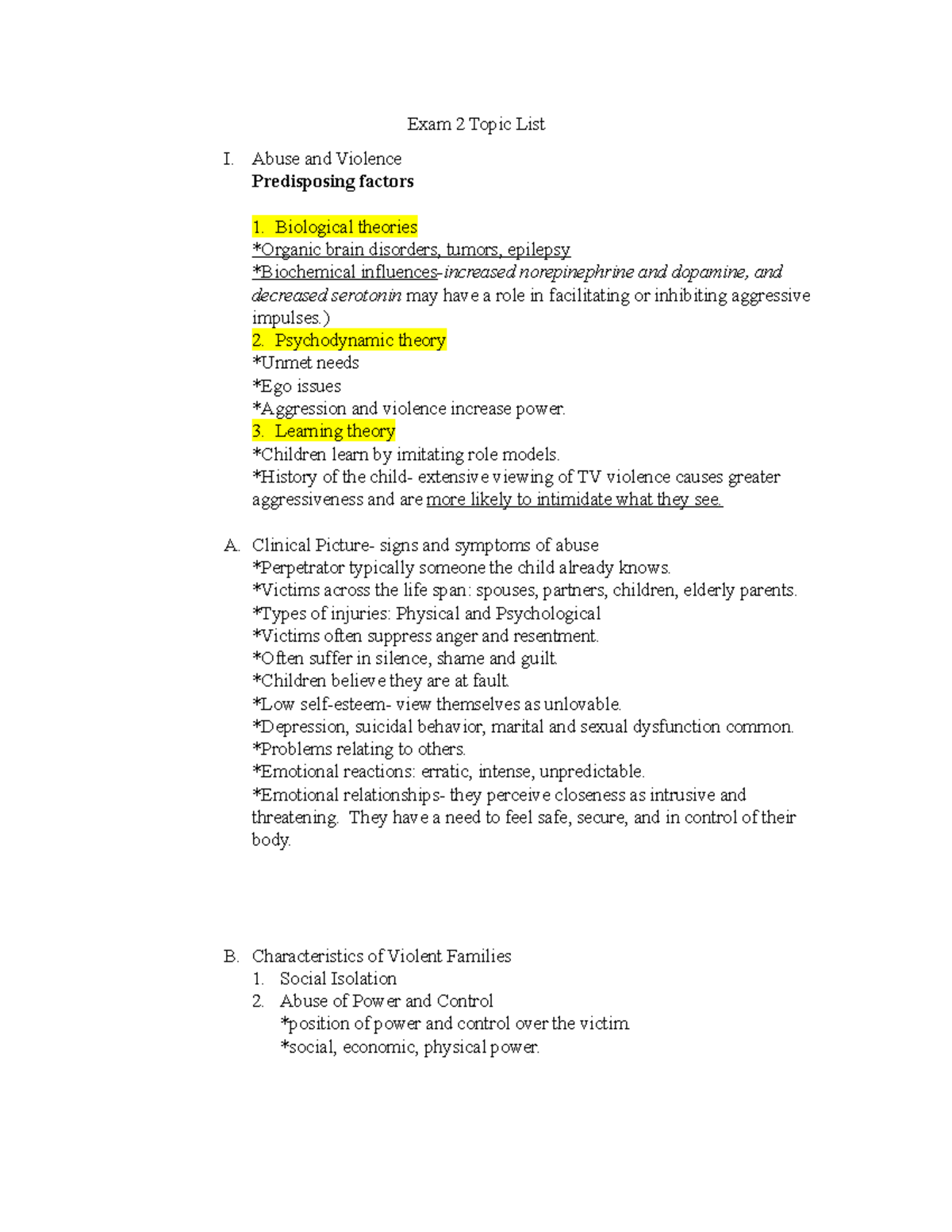 Exam 2 Topic List - exam notes - Exam 2 Topic List I. Abuse and ...