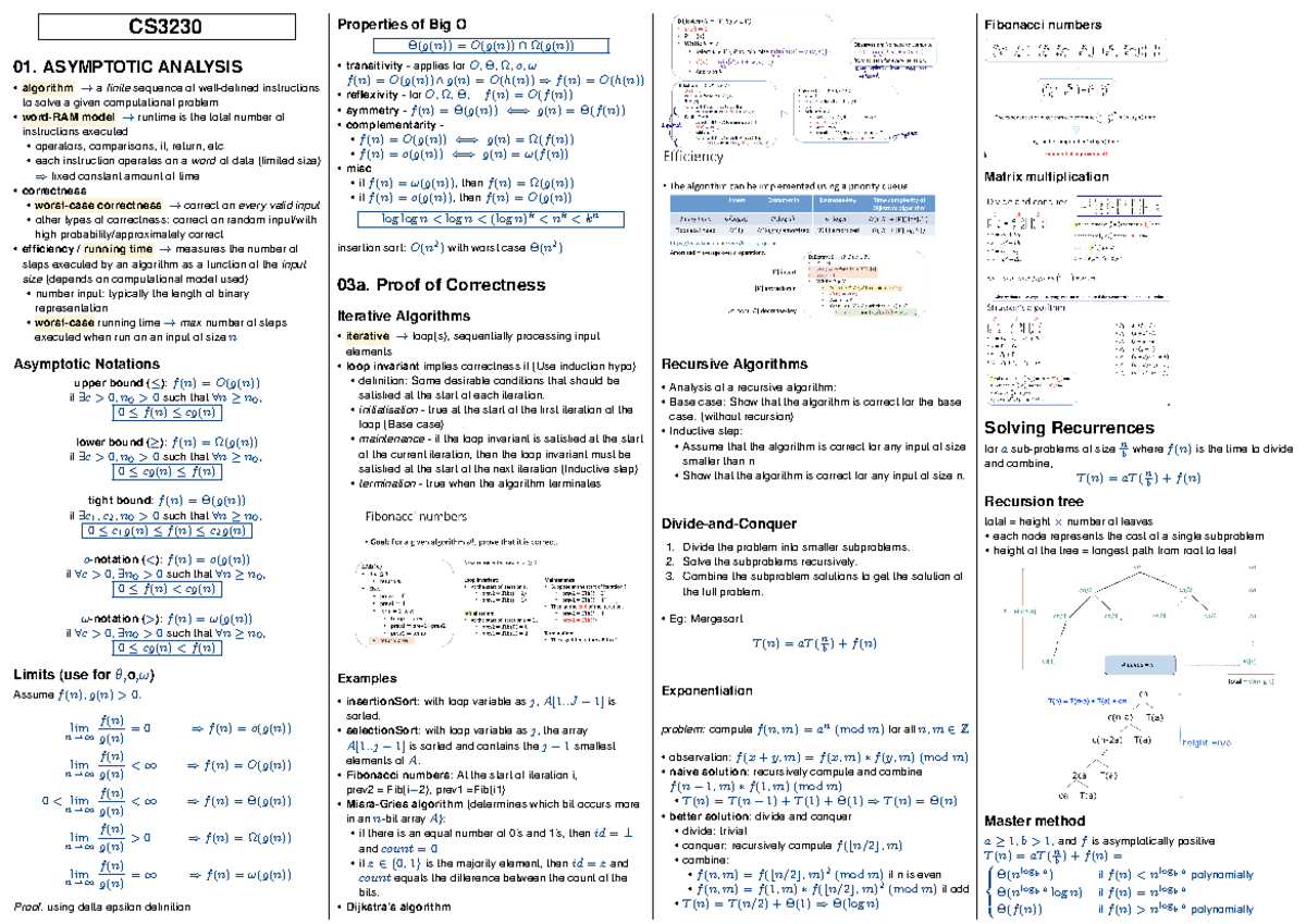 Cs3230 Midterm Cheatsheet Cs 01 Asymptotic Analysis Algorithm → A Finite Sequence Of Well