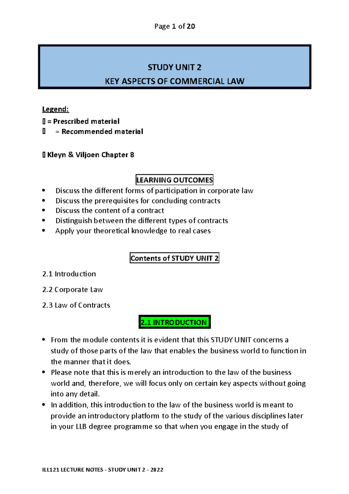 ILL121 Lecture Notes - Study UNIT 2 - 2022 - STUDY UNIT 2 KEY ASPECTS ...