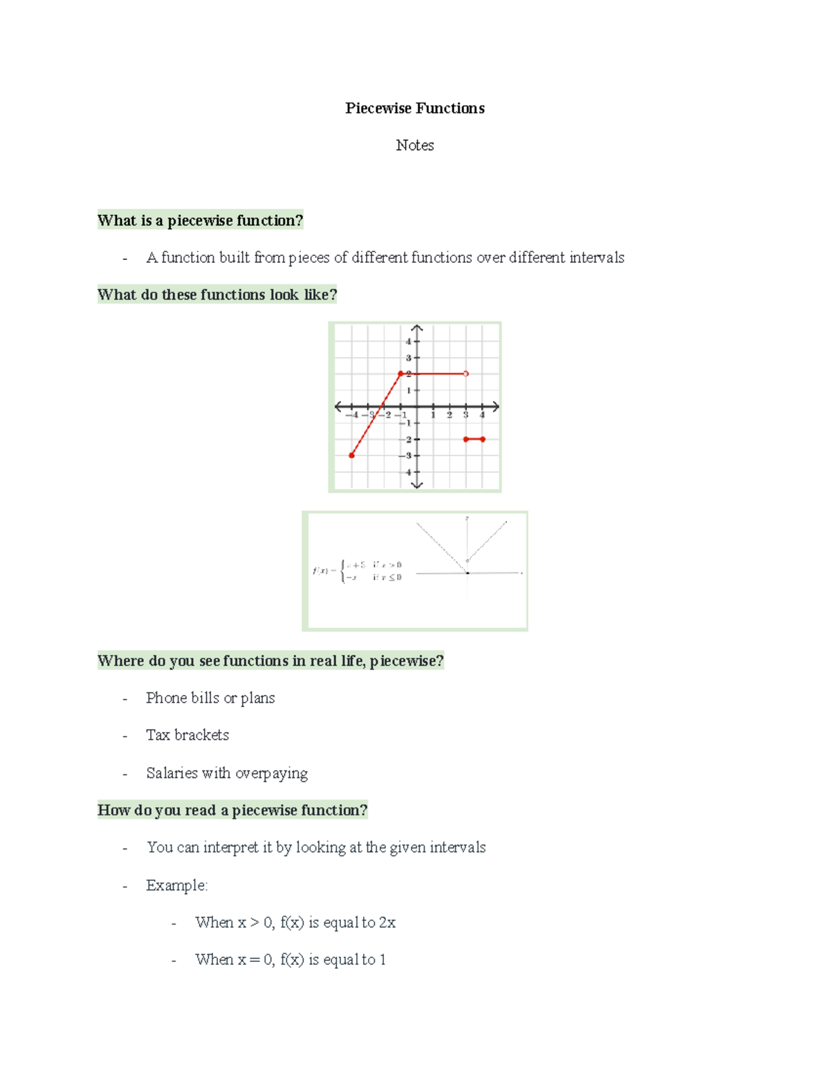Piecewise Notes - Piecewise Functions Notes What is a piecewise ...